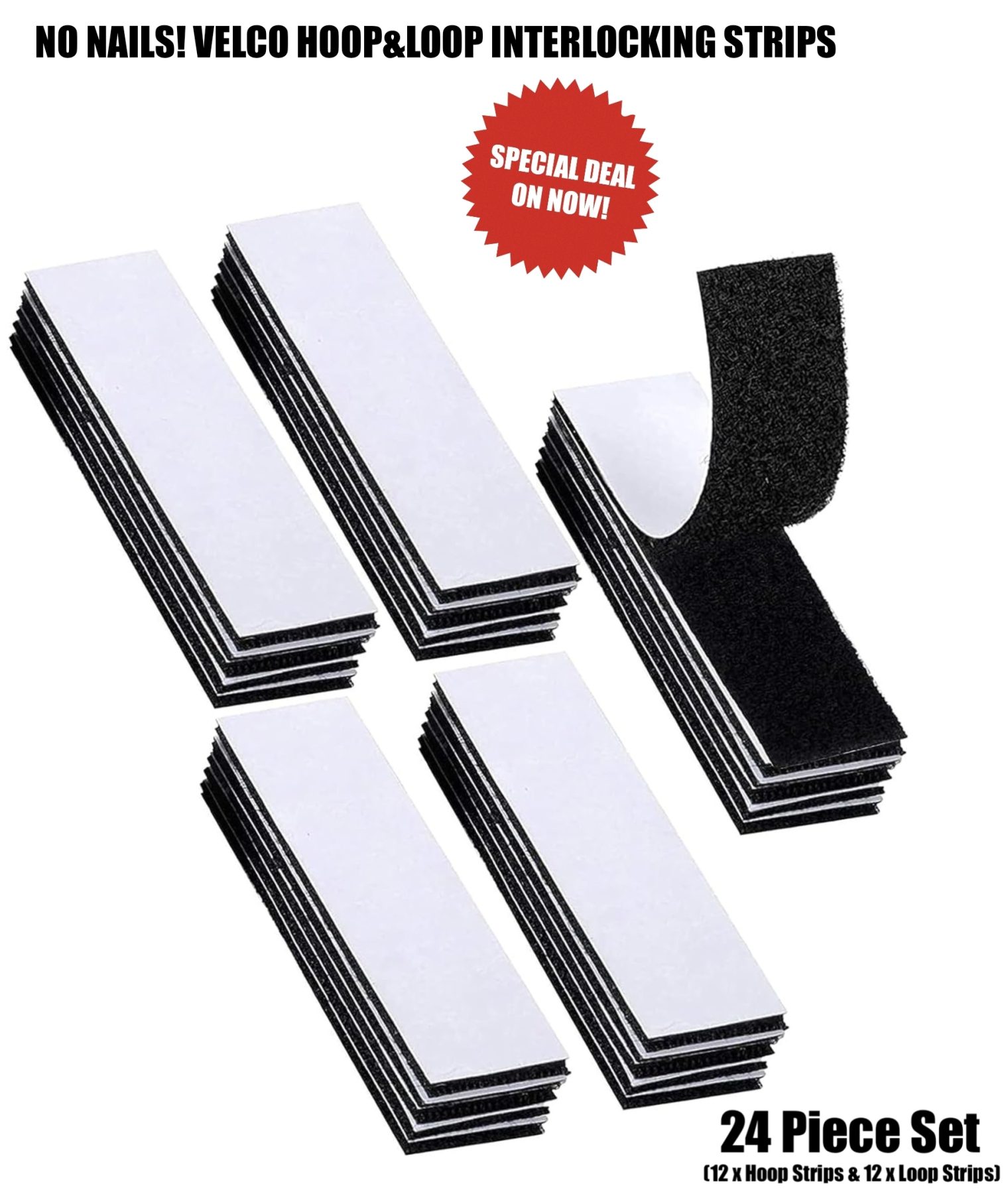 SUPER ADHESIVE VELCRO STRIPS. HOOP&LOOP INTERLOCKING SYSTEM. NO NAILS ...